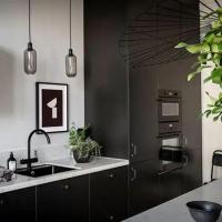 China Japanese Style Modular Black Kitchen with Kitchen Island Melamine Board Door Material for sale