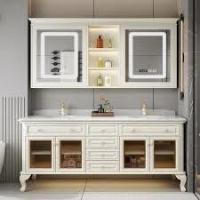 China European Antique Free Standing Wall Tile Sink Bathroom Vanity with Sintered Stone Top for sale