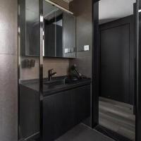 China Apartment Solid Surface Black Bathroom Led Mirror Tall Cabinet CAD Design Vanity Combo for sale