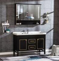 China Apartment Solid Surface Black Bathroom Led Mirror Tall Cabinet CAD Design Vanity Combo for sale