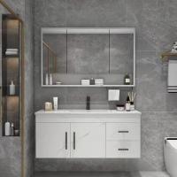 China Solid Wood Door Material Sliding Bathroom Mirror Cabinet With Light Handle-Free Design for sale