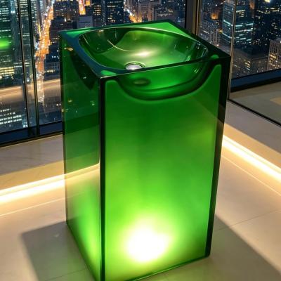 China Emerald Green Translucent Resin Bathroom Pedestal Basin Square Freestanding Sink for sale