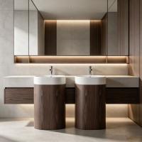 China Stain Resistant Travertine Pedestal Sink Woodgrain & White Bowl Custom for sale