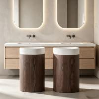 China Stain Resistant Travertine Pedestal Sink Woodgrain & White Bowl Custom for sale