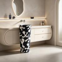 China Black White Graffiti Space Saving Pedestal Sink Travertine Textured 420mm for sale
