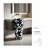 China Black White Graffiti Space Saving Pedestal Sink Travertine Textured 420mm for sale