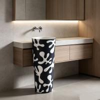 China Black White Graffiti Space Saving Pedestal Sink Travertine Textured 420mm for sale