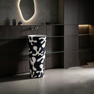 China Black White Graffiti Space Saving Pedestal Sink Travertine Textured 420mm for sale