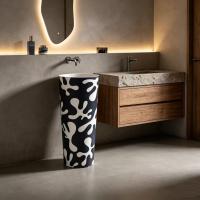 China Black White Graffiti Space Saving Pedestal Sink Travertine Textured 420mm for sale