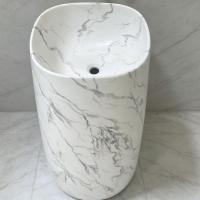China ODM White Oval Bathroom Pedestal Basin Artificial Stone Solid Surface Freestanding Sink for sale