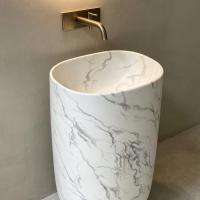 China ODM White Oval Bathroom Pedestal Basin Artificial Stone Solid Surface Freestanding Sink for sale