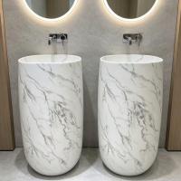 China ODM White Oval Bathroom Pedestal Basin Artificial Stone Solid Surface Freestanding Sink for sale