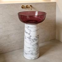 China Artificial Stone Bath Pedestal Sink With Scalloped Burgundy Transparent Resin Wash Basin for sale