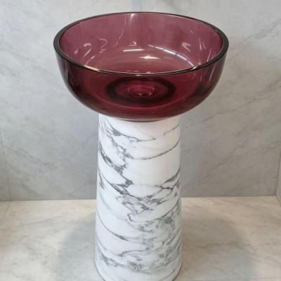China Artificial Stone Bath Pedestal Sink With Scalloped Burgundy Transparent Resin Wash Basin for sale