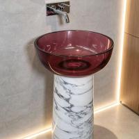 China Artificial Stone Bath Pedestal Sink With Scalloped Burgundy Transparent Resin Wash Basin for sale