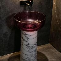 China Artificial Stone Bath Pedestal Sink With Scalloped Burgundy Transparent Resin Wash Basin for sale
