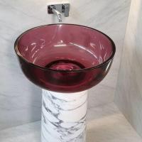 China Artificial Stone Bath Pedestal Sink With Scalloped Burgundy Transparent Resin Wash Basin for sale
