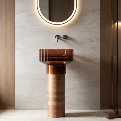 China Compact Bathroom Pedestal Basin Square Gradient Amber Resin Top OEM for sale