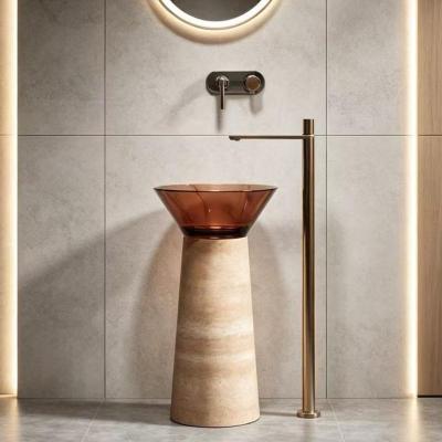 China Sandstone Texture Tapered Pedestal Wash Basin Translucent Resin Bowl Artificial Stone Narrow Sink for sale