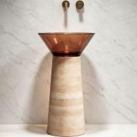 China Sandstone Texture Tapered Pedestal Wash Basin Translucent Resin Bowl Artificial Stone Narrow Sink for sale
