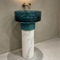 China Round Marble Bathroom Pedestal Basin Teal Resin Top Cylindrical Freestanding Column for sale