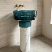 China Round Marble Bathroom Pedestal Basin Teal Resin Top Cylindrical Freestanding Column for sale