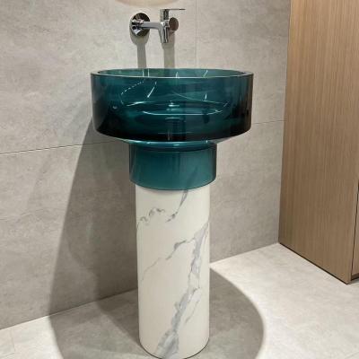 China Round Marble Bathroom Pedestal Basin Teal Resin Top Cylindrical Freestanding Column for sale