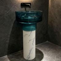 China Round Marble Bathroom Pedestal Basin Teal Resin Top Cylindrical Freestanding Column for sale