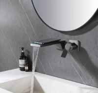 China Flat Wide Waterfall Bathroom Sink Faucets Wall Mount Basin Mixer Tap Anti Fingerprint Black for sale
