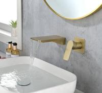 China Flat Wide Waterfall Bathroom Sink Faucets Wall Mount Basin Mixer Tap Anti Fingerprint Black for sale