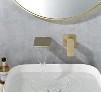 China Flat Wide Waterfall Bathroom Sink Faucets Wall Mount Basin Mixer Tap Anti Fingerprint Black for sale