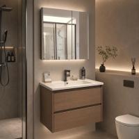 China ODM Wall Hung Wood Bathroom Vanity Units Cabinet With Tri Panel LED Mirror Anti Scratch for sale