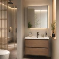 China ODM Wall Hung Wood Bathroom Vanity Units Cabinet With Tri Panel LED Mirror Anti Scratch for sale