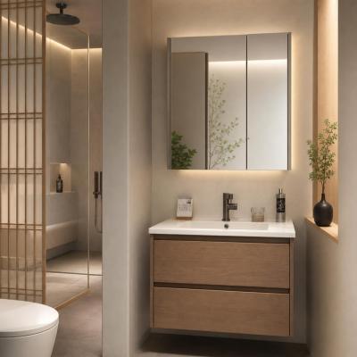 China ODM Wall Hung Wood Bathroom Vanity Units Cabinet With Tri Panel LED Mirror Anti Scratch for sale