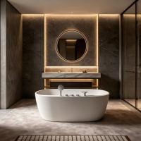 China White Streamlined Soaking Stone Resin Freestanding Tub 55 Inch for sale