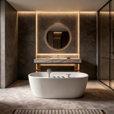 China White Streamlined Soaking Stone Resin Freestanding Tub 55 Inch for sale