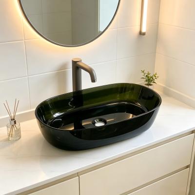 China Dark Green Resin Oval Solid Surface Basin Vessel Sink Glossy Countertop For Cloakroom for sale