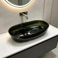 China Dark Green Resin Oval Solid Surface Basin Vessel Sink Glossy Countertop For Cloakroom for sale