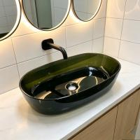 China Dark Green Resin Oval Solid Surface Basin Vessel Sink Glossy Countertop For Cloakroom for sale