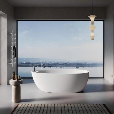 China Compact Freestanding Solid Surface Stone Resin Alcove Bathtub With Integrated Faucet for sale