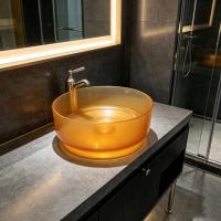 China Orange Resin Solid Surface Vessel Sink Countertop Basin 500mm For Contemporary Bathroom for sale