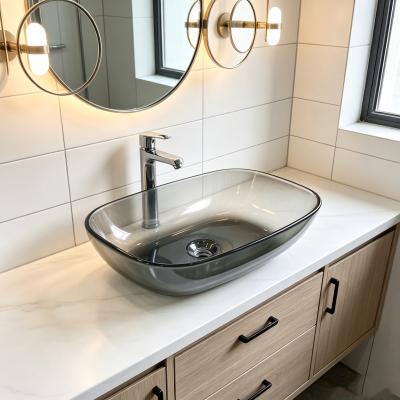 China Rectangular Resin Bathroom Countertop Basin Countertop Vessel Sink Smoky Grey OEM for sale