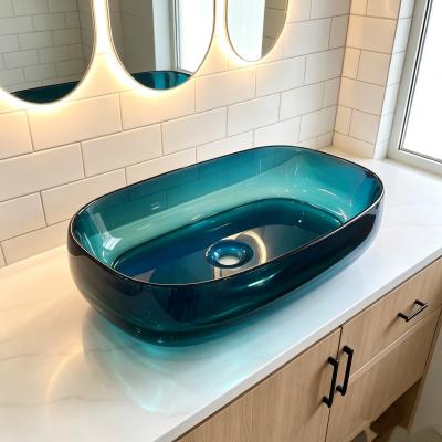 China Deep Blue Transparent Resin Countertop Solid Surface Basin Vessel Sink Custom For Hotel Bathroom for sale