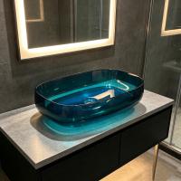China Deep Blue Transparent Resin Countertop Solid Surface Basin Vessel Sink Custom For Hotel Bathroom for sale