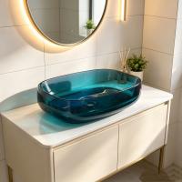 China Deep Blue Transparent Resin Countertop Solid Surface Basin Vessel Sink Custom For Hotel Bathroom for sale