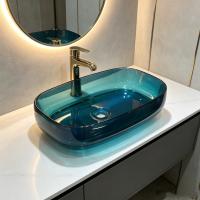 China Deep Blue Transparent Resin Countertop Solid Surface Basin Vessel Sink Custom For Hotel Bathroom for sale