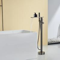 China Modern Gunmetal Grey Freestanding Waterfall Bathtub Faucet with Storage Shelf & Handheld Shower bath sanitary ware for sale