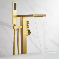 China Modern Brushed Gold Freestanding Bathtub Faucet Solid Brass Waterfall Tub Filler with Handheld Shower bath sanitary ware for sale