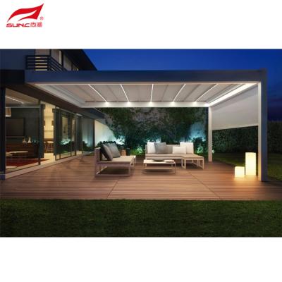 China Outdoor Motorized Aluminum Pergola Gazebo With RGB Light Sliding Glass Door for sale