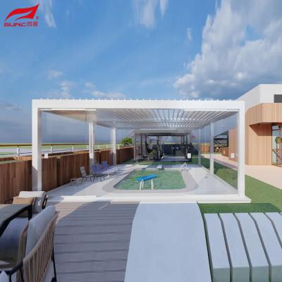 China Customized Size Motorized Aluminum Pergola In White Color Ideal For Garden And Swimming Pool for sale